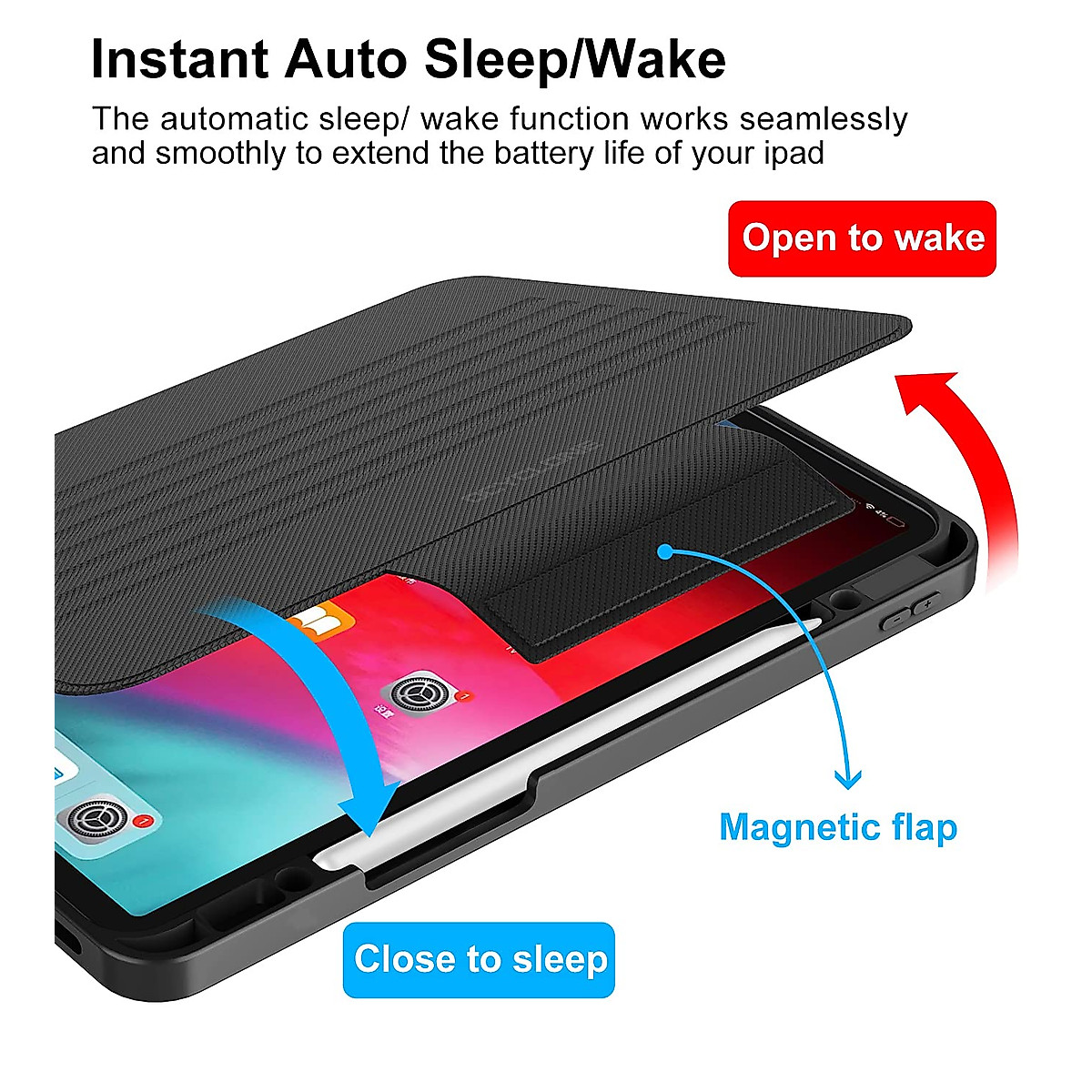 Bostone iPad Pro 12.9 Case 2021 5th Generation, 7 Viewing Angles Magnetic Stand, Smart Auto Sleep/Wake Protective iPad Pro 12.9 Case Cover Shockproof with Pencil Holder, Black