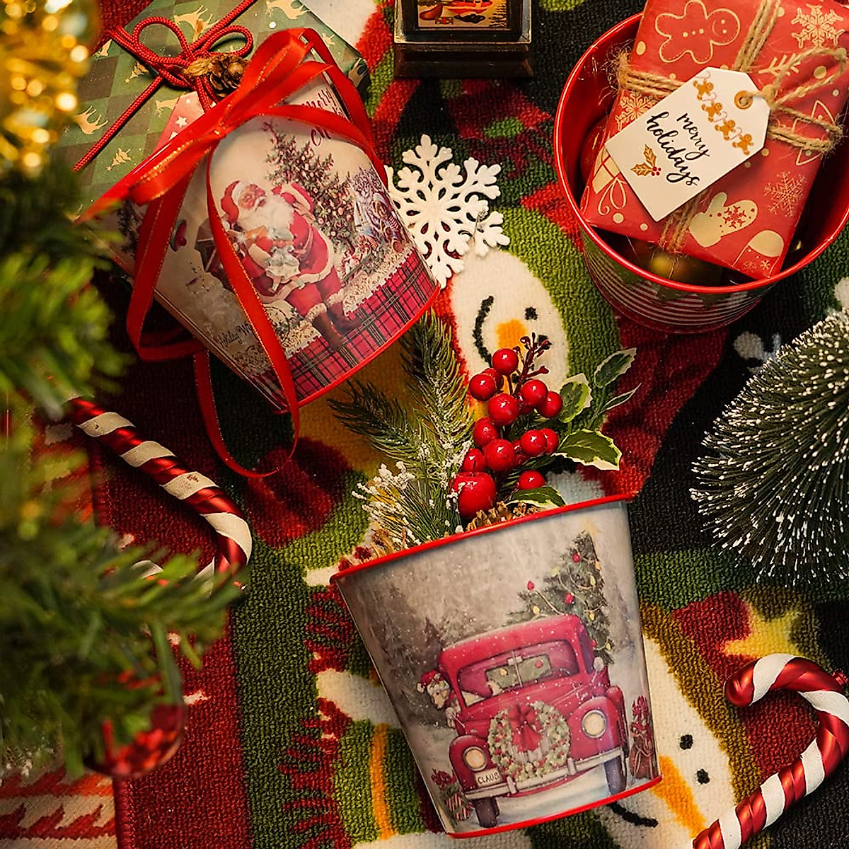 Putuo Decor Christmas Metal Buckets, 5 Pieces Christmas Metal Tin Ice Buckets, Christmas Decorations Galvanized Tin Bucket Pails for Party Home Table Centerpieces Decor 5.9" W x 5.3" H