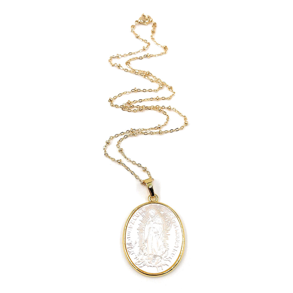 LESLIE BOULES Mother of Pearl Guadalupe Medal Pendant Necklace for Women 18K Gold Plated Chain