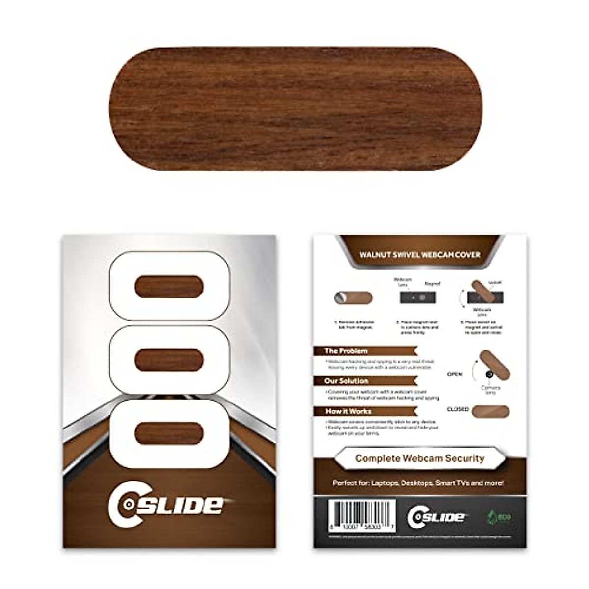 C-SLIDE Family Pack Wooden Swivel Webcam Cover | Thin Swivel Laptop Cam Blocker, Black, 1.5” x 0.5” and 1.5mm Thick | Thin Cam Blocker for Computer, Tablet, Mac, Dell, Lenovo, HP | Walnut