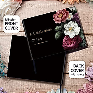 BADAWEN Funeral Guest Book, Hardcover Black Floral Celebration of Life Guest Book for Memorial Service Registry Decorations with Pen