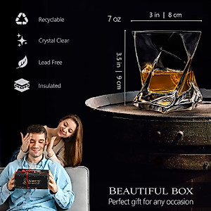 STAR Whiskey Glasses Heavy Tumbler – Elevate your Drinking Experience Whiskey Set of 2 Hand Blown, Cystal, Bourbon Glass (7oz) w/ Matching Ice Mold Glassware sets gifts for Men, Rock Glasses