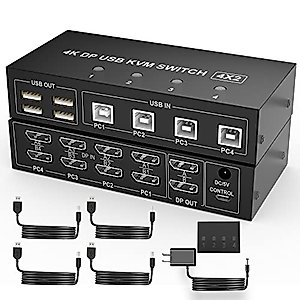 4 Port KVM Switch Dual Monitor Displayport 4K 60Hz, KVM Switch 2 Monitors 4 Computers with 4 USB 2.0 Hub, Dual Monitor Displayport KVM Switch Keyboard Mouse Switcher