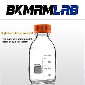 BKMAMLAB 500ml Round Media Storage Bottles with GL45 Screw Cap Borosilicate Glass Maximum temperature 249.8°F Pack of 3