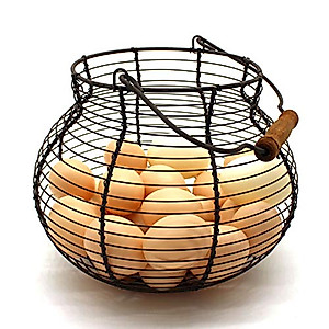 CVHOMEDECO. Antique Wire Egg Basket with Wood Handle Primitives Vintage Gathering Basket. Rusty