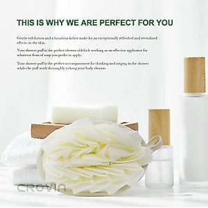 CROVIN Shower Puff 4 Pack Bath Sponge Shower Loofahs Pouf Large 7x5 Premium Exfoliating Mesh Puffs for Men and Women-Elastic Hand Strap Body Brush to Soothe, Cleanse Your Skin