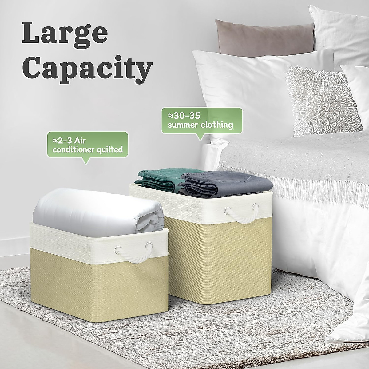 KITCSTI Fabric Storage Baskets for Shelves | Closet Storage Bins | Linen Cloth Baskets with Handle for Organizing (Beige and White, Extra Large - 3 Pack)