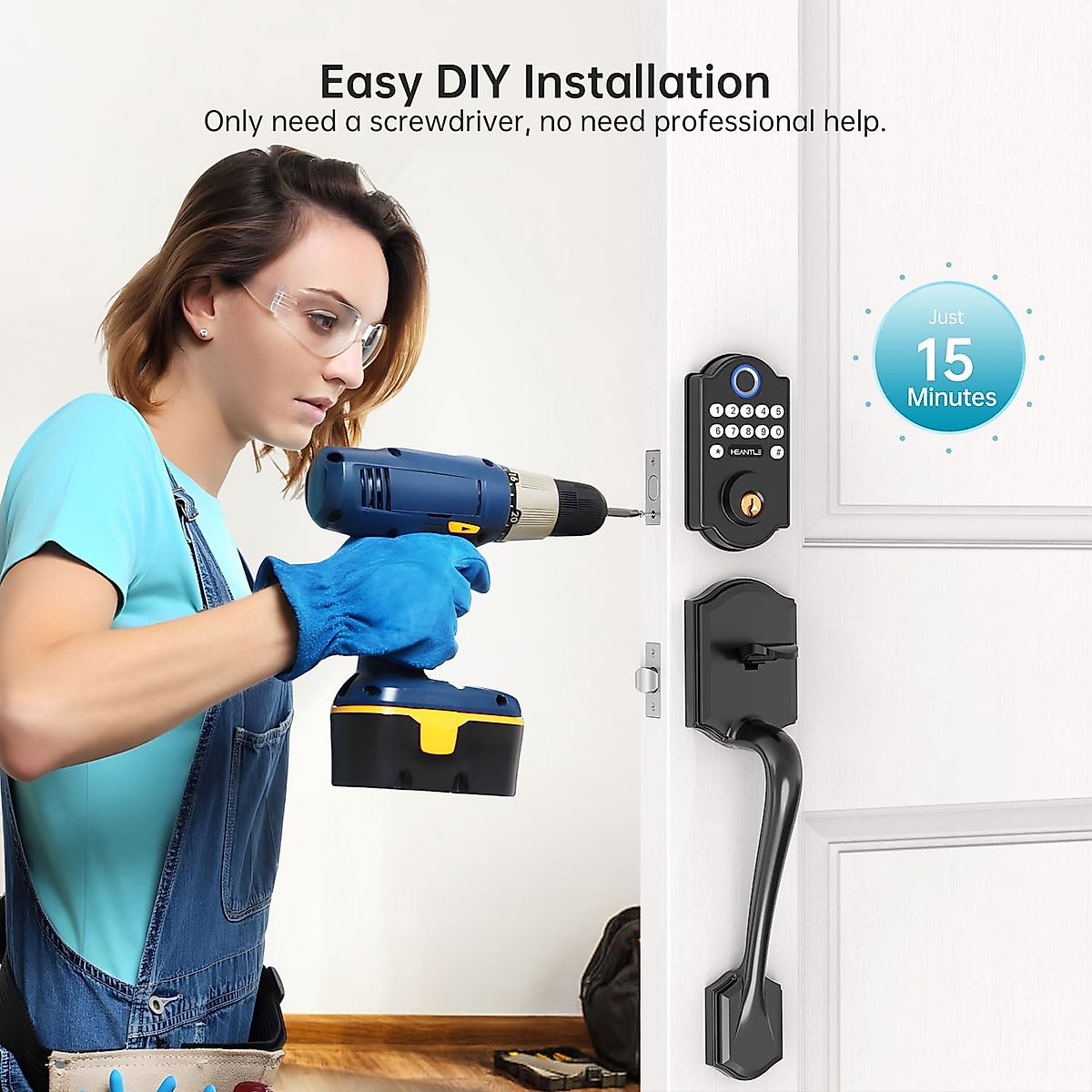 Front Door Lock Set, HEANTLE Keyless Entry Locks with Handle, Electronic Digital Keypad for Sets, Automatic Fingerprint Locksets Deadbolt Exterior, Auto Lock, Easy to Install