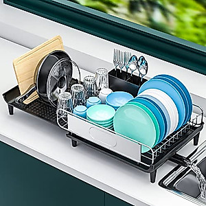 TOOLF Dish Drying Rack, Stainless Steel Dish Rack, Expandable(14.5"-25.3") Dish Drainer Rack and Utility Drainboard Set with Foldable Rack, Utensil Holder Cups Holder for Countertop, 1 Piece Black