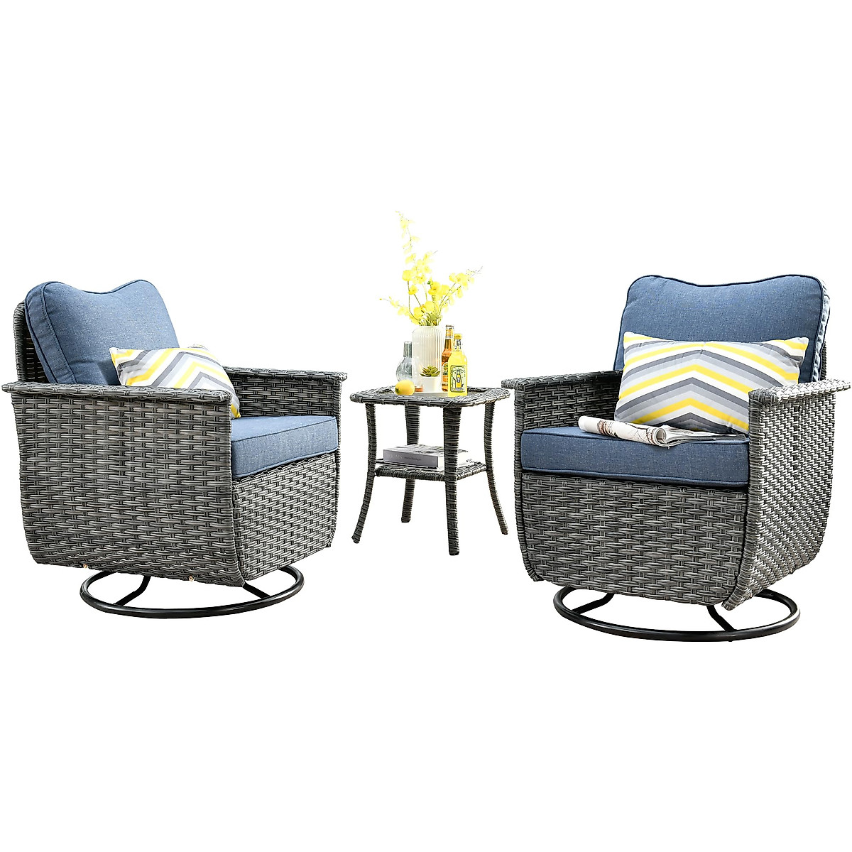 ovios 3 Pieces Patio Rocking Swivel Chairs with Side Table, Outdoor Wicker Rattan Rocker Chair of 2 with High Back Comfy Cushions for Porch Deck Garden (Grey Wicker-Denim Blue)