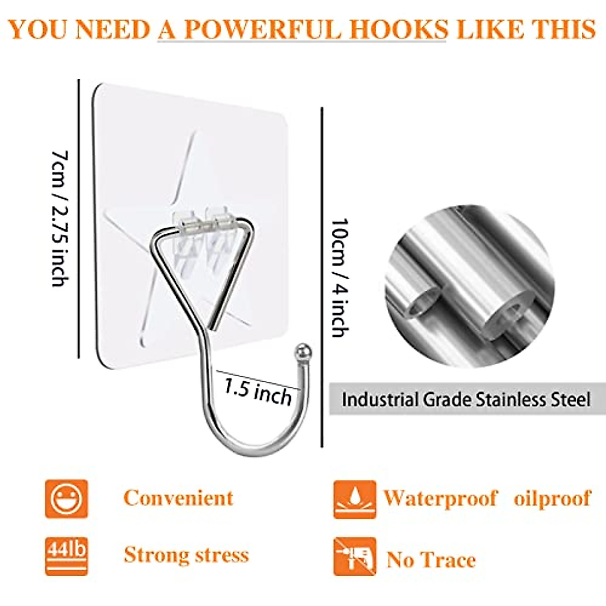 KAKAMINA 20 Pack Large Adhesive Hooks 44Ibs(Max), Large Size Wall Hooks for Hanging Heavy Duty, Transparent Wall Hangers Waterproof and Rustproof for Bathroom,Kitchen Home and Office