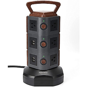 SUPERDANNY Surge Protector Power Strip Tower with 4 USB Ports, 6.5 Feet Extension Cord with 3120W 13A 10 AC Widely Multiple Outlets, UL Certificated, ETL Listed, Black Wood, 2022 Upgraded