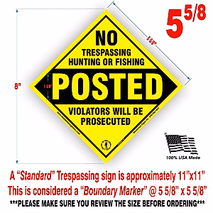 No Trespassing, No Hunting, No Fishing, Boundary Marker, Small, Diamond, Aluminum, Yellow, 10 Pack