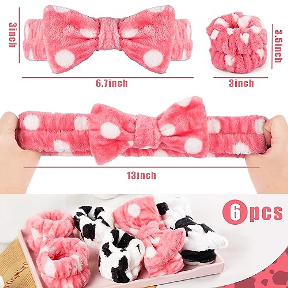 Shindel 6PCS Makeup Headband Set, Bow Hair Bands with Wristbands Coral Fleece Face Wash Headbands for Women Spa Makeup Shower Skin Care Yoga