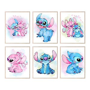 BigWig Prints Lilo and Stitch Poster - Nursery Watercolor Art Prints, Stitch Room Decor For Girls, Pastel Nursery Artwork Set, Kids Wall Art, Posters For Girls Room - Unframed Set of 6 (8x10)