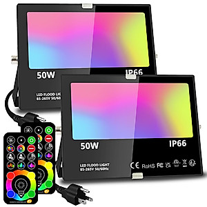 MELPO Led Flood Light 500W Equivalent, RGBW Led Outdoor Lights Colored Floodlight with Remote,50W,5000ML 2700K,120 Colors, Timing, Dimmable, Custom Modes, Landscape Lighting (2 Pack)