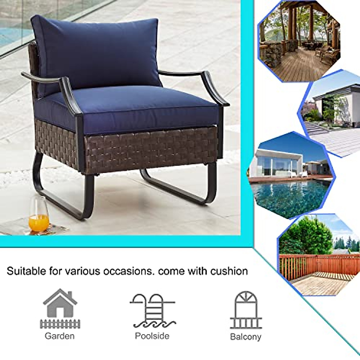 LOKATSE HOME Single Outdoor Armchair Rattan Sofa Cushioned Patio Chair U Leg Metal Club Furniture for Balcony Porch Garden Deck, Blue
