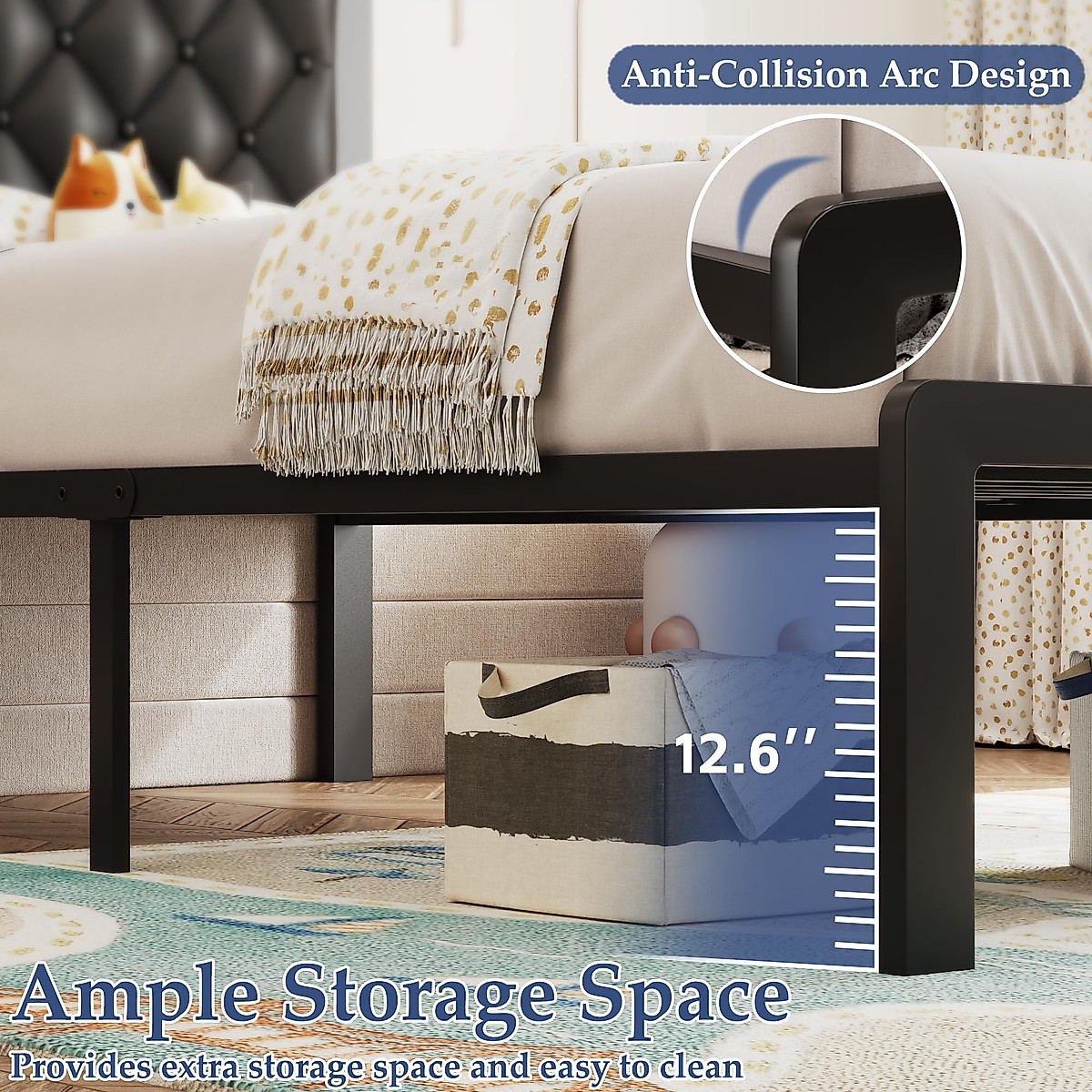 Foredawn Twin Bed Frame with Faux Leather Upholstered Headboard, Metal Support, No Box Spring Needed, Noise Free, Under Bed Storage, Easy Assembly, Black