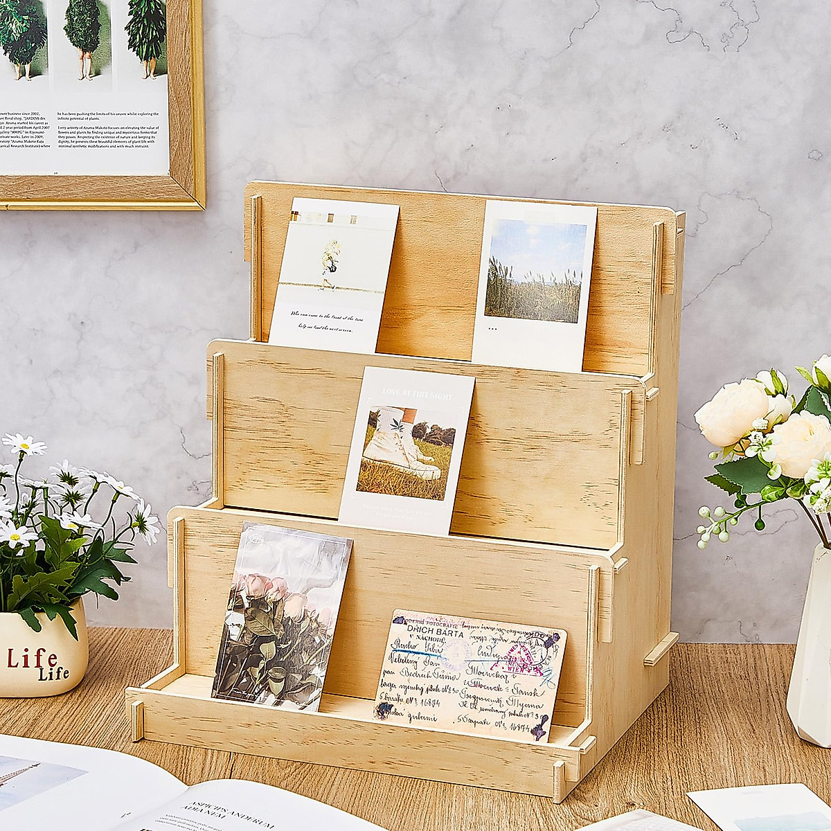 Barydat 2 Pcs 3 Tiered Greeting Card Display Stand Wooden Organizer Racks for Sticker Craft Brochure Table Tabletop Vendors Retail Counter Trade Shows Showcase