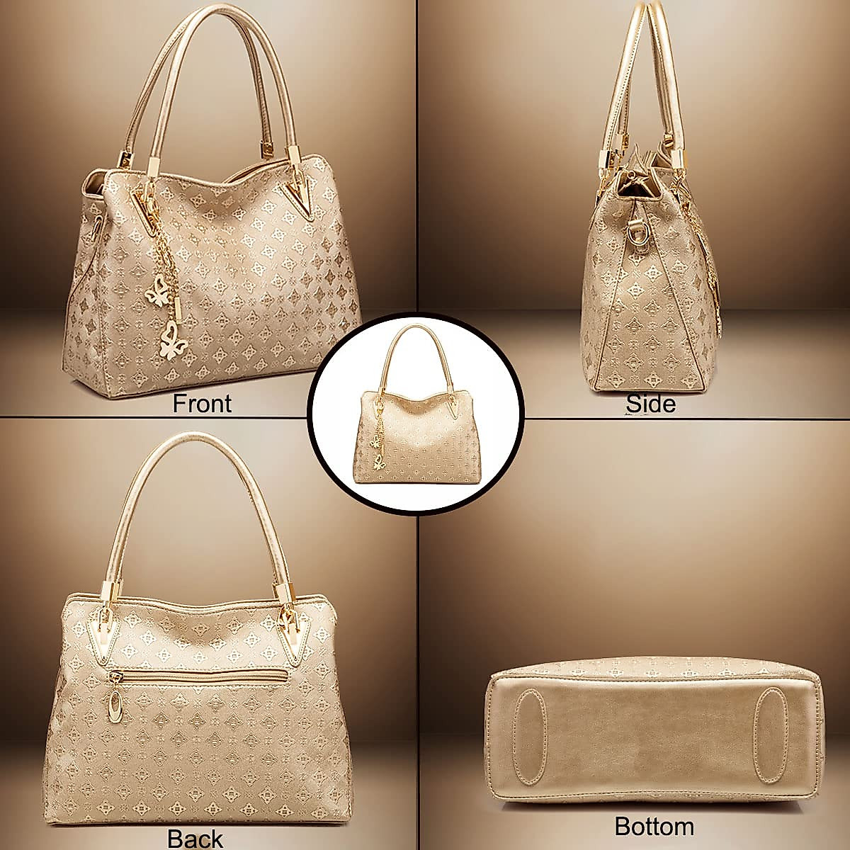 YOUNXSL Women Fashion Synthetic Leather Handbags Tote Bag Shoulder Bag Top Handle Satchel Purse with Pendant Set 4pcs Black