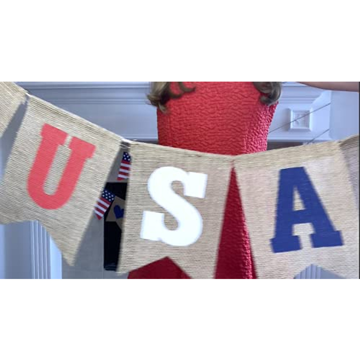 Shimmer Anna Shine USA American Flag Patriotic Burlap Banner for 4th of July Decorations Red White and Blue Memorial Day Decor (USA Flags)
