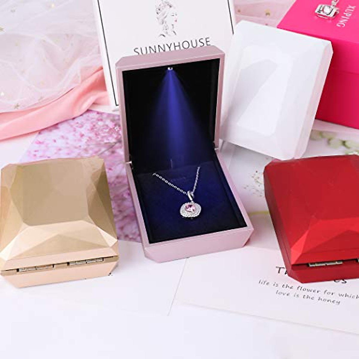 iSuperb LED Pendant Necklace Box Bracelet Box Couple Jewelry Gift Boxes Case Small Jewelry Display for Proposal Engagement Wedding Valentine's Day (Pink)