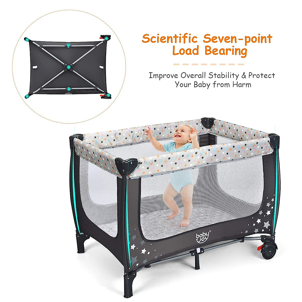 HONEY JOY Pack and Play, Foldable Baby Playard with Bassinet, Lightweight Installation-Free Travel Baby Crib from Newborn to Toddlers, Portable Nursery Center w/Lockable Wheels & Carry Bag(Gray)