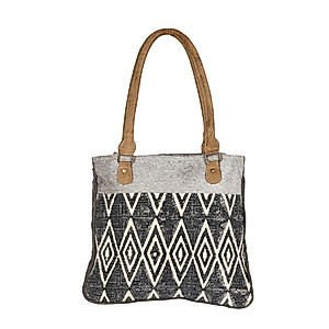 Diamond Pattern Print Upcycled Canvas and Hair-On Leather Handbag