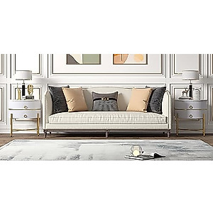 O&K FURNITURE White Round Side Table for Living Room, Marble End Table with 2 Drawers, Modern Nightstand with Metal Legs for Bedroom, White & Gold