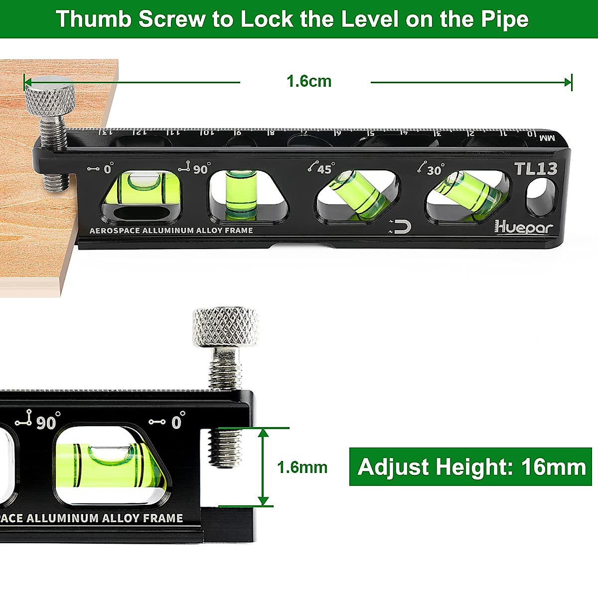 Huepar Torpedo Level, Magnetic Conduit Level with 4 Vials, 6.2 inch Aluminum Alloy Construction Spirit Level with V-Groove and Magnet Track, High Precision Bubble Level, Double Scale, Thumb Screw-TL13
