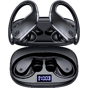 GNMN Bluetooth Headphones Wireless Earbuds V5.3 Over Ear Buds 50Hrs Playback Wireless Charging Case Waterproof Earphones Sports Headset with Earhooks & Dual Power Display for Running Workout