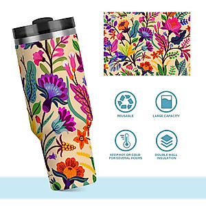 Yasala Car Tumbler with Handle Rainbow Flower Cartoon Flora Travel Mug Coffee Cup Insulated Beverage Container Mega Cup for Hot Cold Drinking Thermos Water Bottle Cupholder Friendly 40 oz