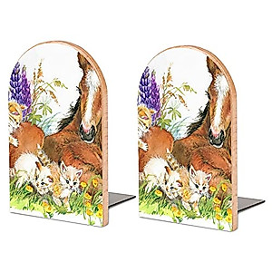 Pack of 2 Bookend White Horse Cat Non-Slip Book Stand Wooden Bookshelf Books Holder for Home Desk Office Library