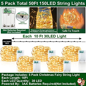 TURNMEON [ 5 Pack & Timer ] 500 LED 165 Ft Fairy Lights Decorations Copper Wire String Lights Battery Powered Christmas Tree Lights for Bedroom Wedding Indoor Outdoor Home Decor, 100 LED 33 Ft Each