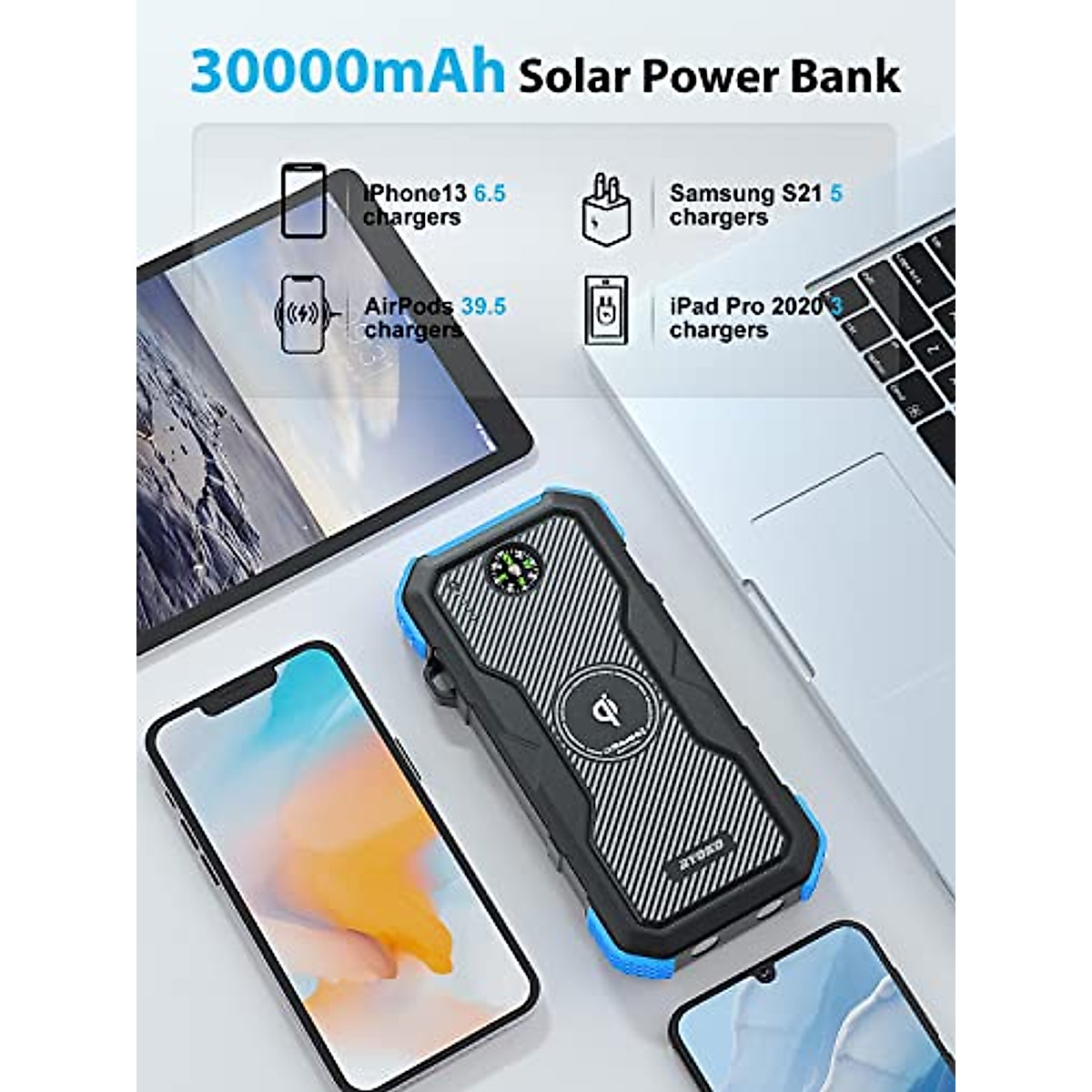 Ryoko Solar Charger Power Bank, 30000mAh Solar Phone Charger with 10W Wireless Charging, Dual USB & Type-C Port, QC 18W Fast Charging Power Bank for iPhone, Samsung, Tablet