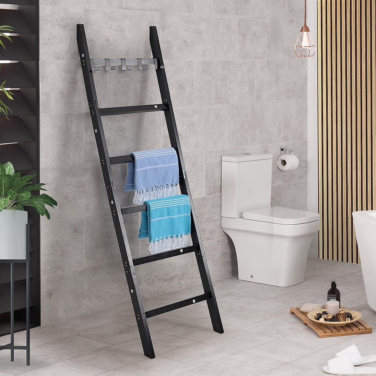 Blanket Ladders for The Living Room - 62 Inches - Decorative Ladder for Blankets, Throws, Quilts - 6 Tiers Ladder Blanket Holder with Hooks, Non-Slip Pads - Black, Grey, White, Brown (Black)