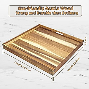Ottoman Tray, EXISTING Acacia Wood Serving Tray with Handles, Large Ottoman Tray for Living Room, Kitchen, Bed, Coffee Bar Decor,Party, Solid Wood Non-Warping Square Tray - 23x23 Inches