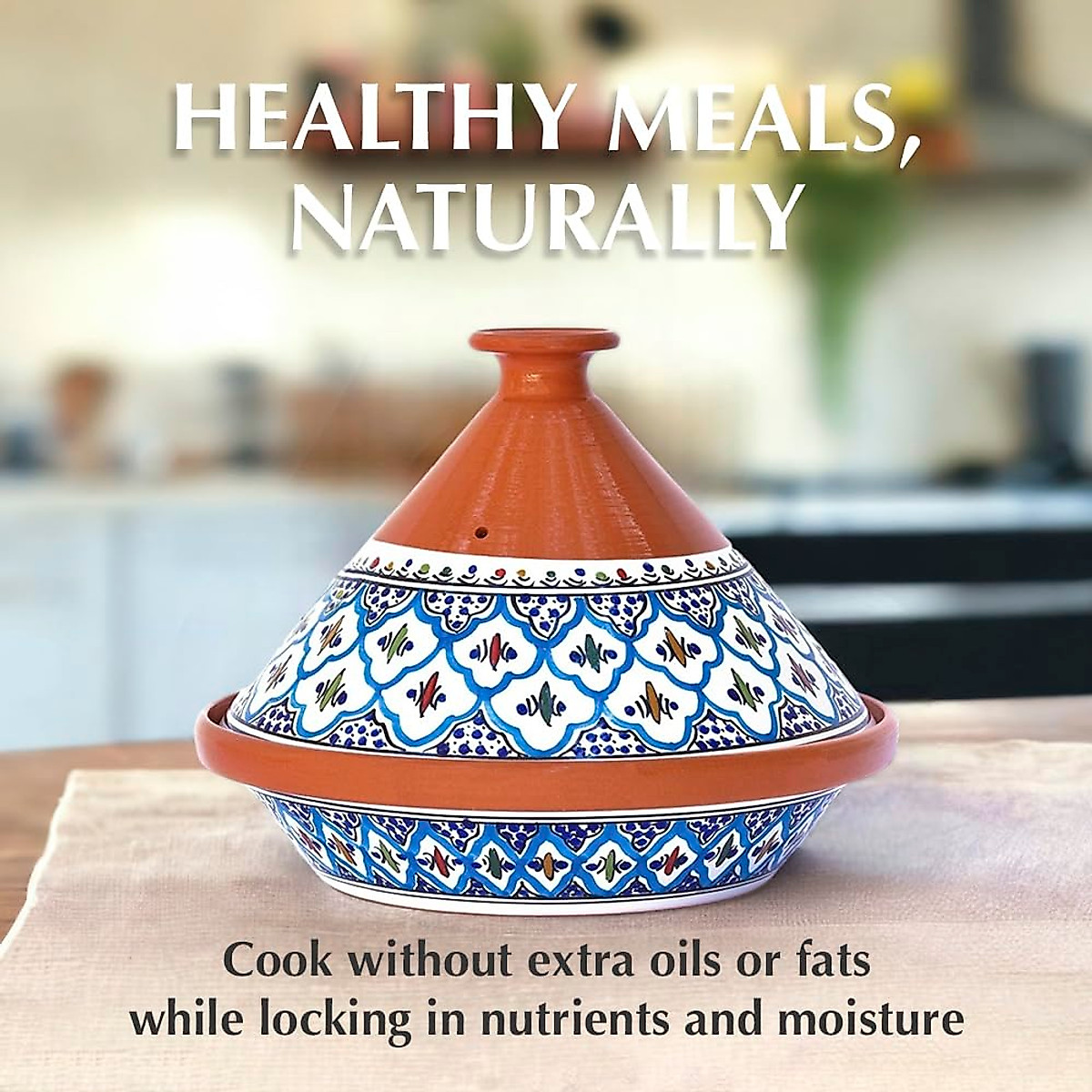 Kamsah Tagine Pot for Flavor Enrichment - Clay Pot for Cooking (12”, 5.5 QT) - Moroccan Ceramic Pots for Cooking w/Lid & Serving Bowl -Large Handmade Cookware, Bohemian Turquoise, Non-Stick, Lead-Free