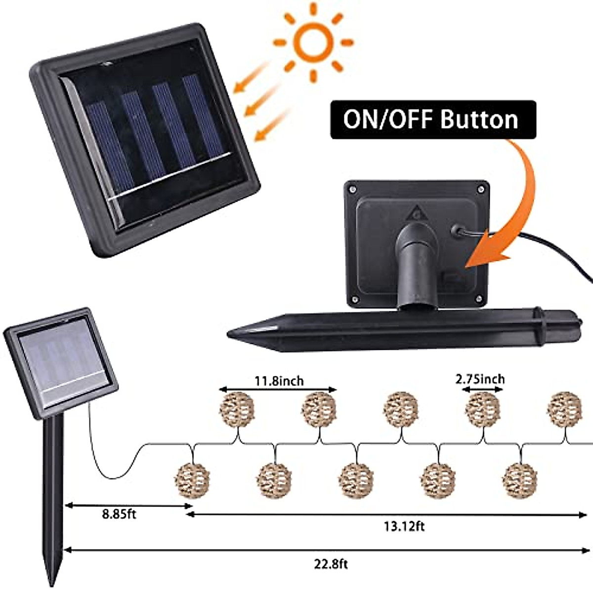 Livinlarge Solar String Lights Outdoor Waterproof, 10 LED Natural Rattan Balls Solar Outdoor Lights, Warm White Solar Powered String Lights for Garden Patio Yard Porch Wedding Party Decor