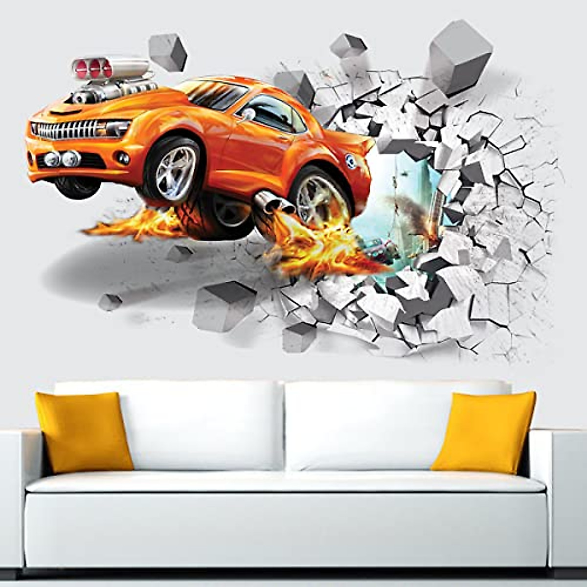 3D Fire Car Wall Sticker Decal, Crack Hole Fire Car Wall Art Decal, Removable Broken Smashed Car Decoration Mural for Boys Bedroom Baby Kids Nursery Room