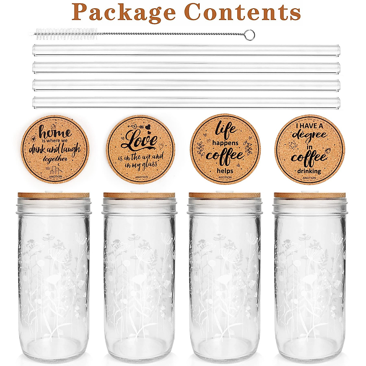 ANOTION Floral Coffee Cups, Mason Jars with Lids and Straws Glass Cups with Wildflower Bamboo Lid Iced Coffee Cups Tumbler Drinking Glasses Travel Coffee Mug Gift for Women Sister Mom