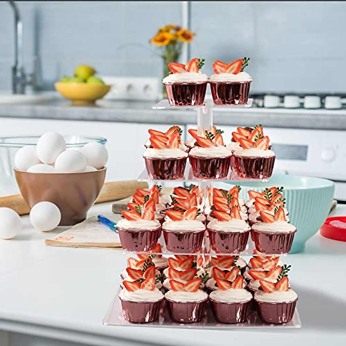 Yumhouse Cupcake Stand for 50 Cupcakes,4-Tier Acrylic Cupcake Tower Holder,Cupcake Holder,Dessert Stands with LED Light String for Cupcake Display,Wedding,Birthday,Baby Shower