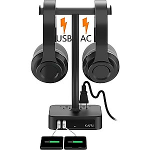 KAFRI Dual Headphone Stand with USB Charger Desk Gaming Double Headset Holder Hanger Rack with 2 USB Charging Port and 2 Outlet - Suitable for Gamer Desktop Table Game Earphone Accessories Gift