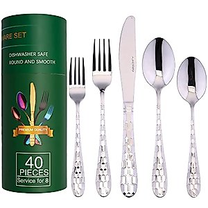 40-Piece Silverware Set for 8, Durable 18/10 Stainless Steel Flatware Set, Premium Home Kitchen Eating Tableware Cutlery Utensil Set for Gift, Include Fork Knife Spoon Set, Dishwasher Safe (Silver)