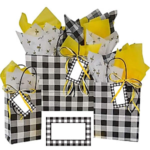 Gift Bags with Handles - Buffalo Checked and Bees - 3 Assorted Sizes Bundled with Coordinating Tissue Paper Tags and Raffia Ribbon