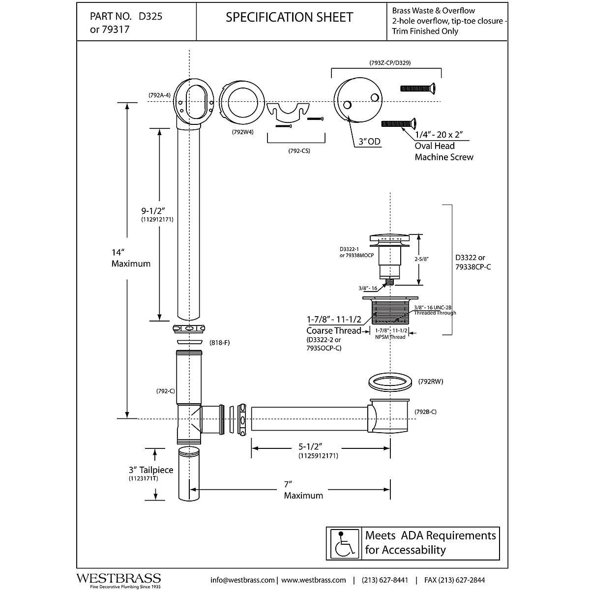 Westbrass 14" 17 Gauge Brass Tip-Toe Drain Bath Waste and Overflow with 2-Hole Faceplate, Matte Black, D325-62