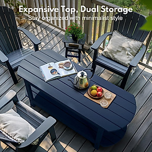 HDPE Patio Coffee Table, Outdoor Coffee Table with 2-Tier Storage, Weather-Resistant Outdoor Coffee Tables for Patio, Rectangular Garden Table for Deck, Backyard, Patio Furniture, Midnight Blue