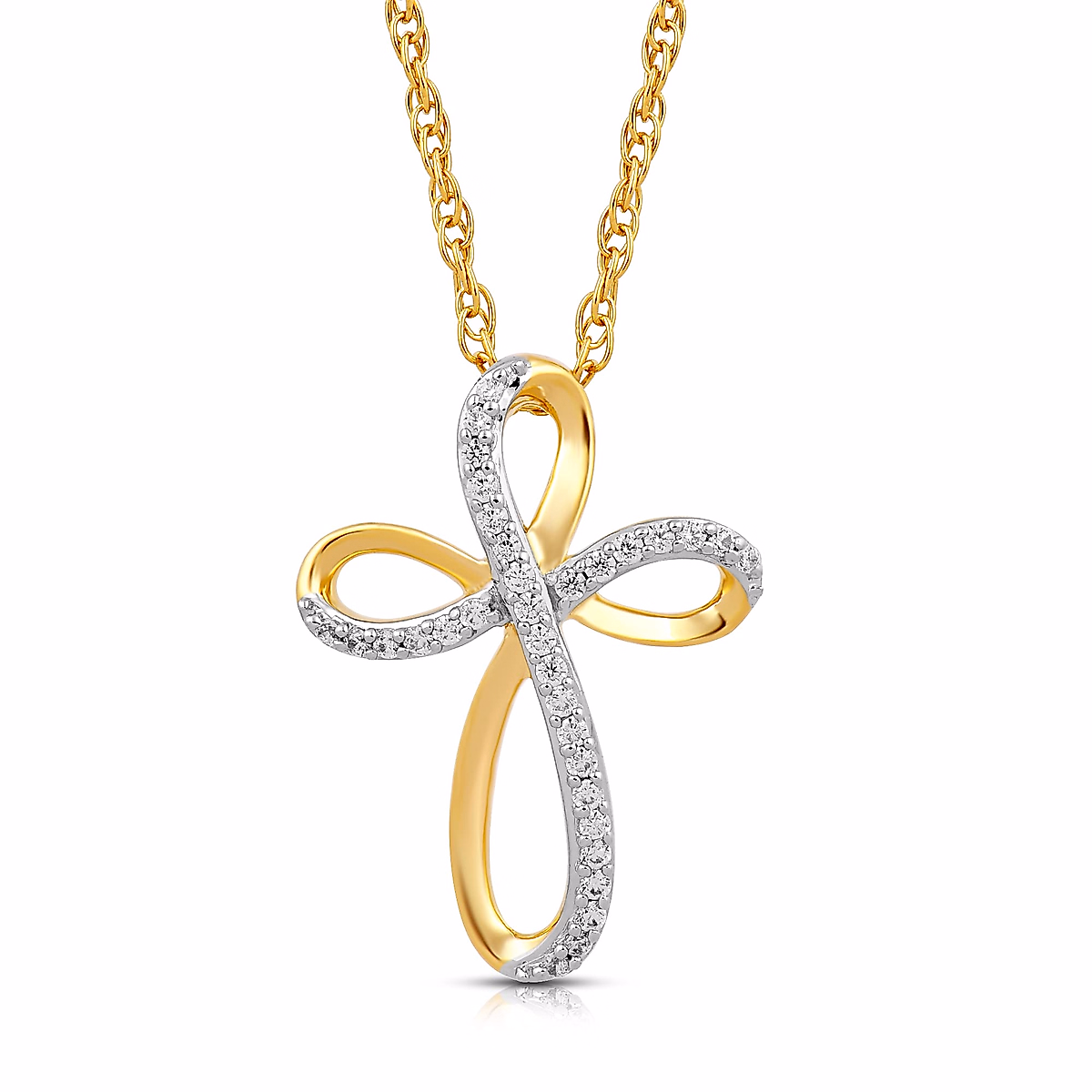 Jewelili 10K Yellow Gold 1/10 Cttw Natural White Round Diamond Cross Pendant Eternal Treasures Necklace, 18" Gold Filled Rope Chain