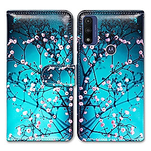 Bcov Motorola Moto G Pure Case, Moto G Power 2022 Case, Plum Blossom Flower Leather Flip Phone Case Wallet Cover with Card Slot Holder Kickstand for Motorola Moto G Pure 2021/Moto G Power 2022