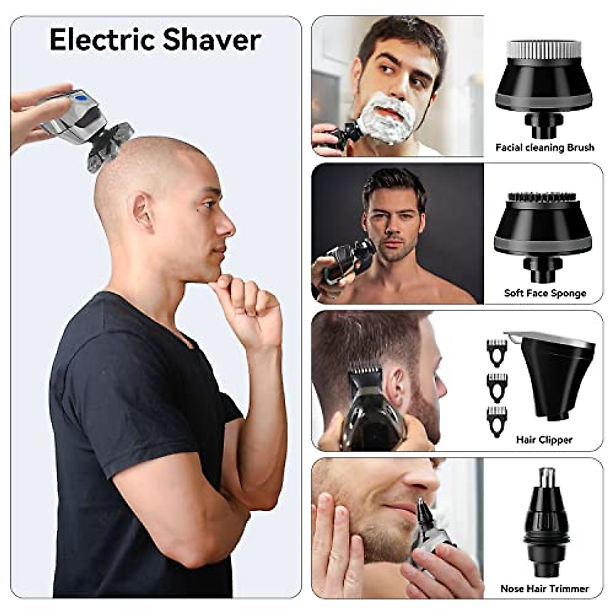 7D Electric Head Shave for Men, 5-in-1 Electric Razor for Bald Men Cordless Rechargeable USB, Waterproof Wet/Dry Rotary Shaver Grooming Kit with LED Display Screen.